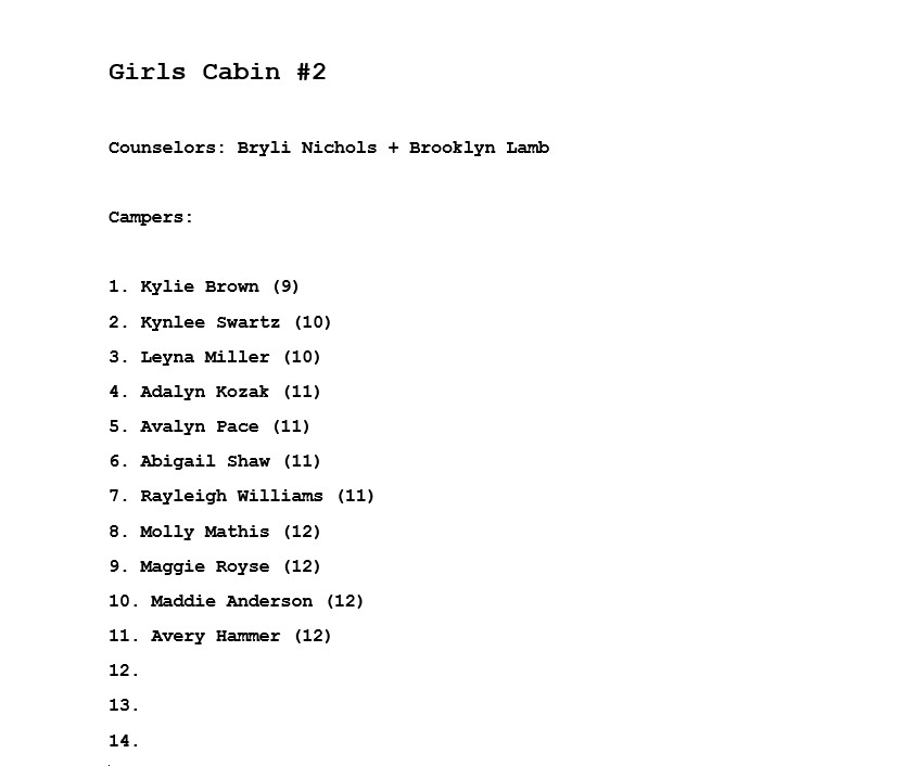Cabin Assignments – Stateline Christian camp