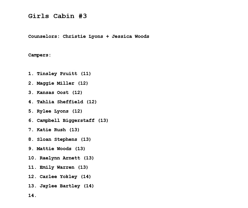 Cabin Assignments – Stateline Christian camp